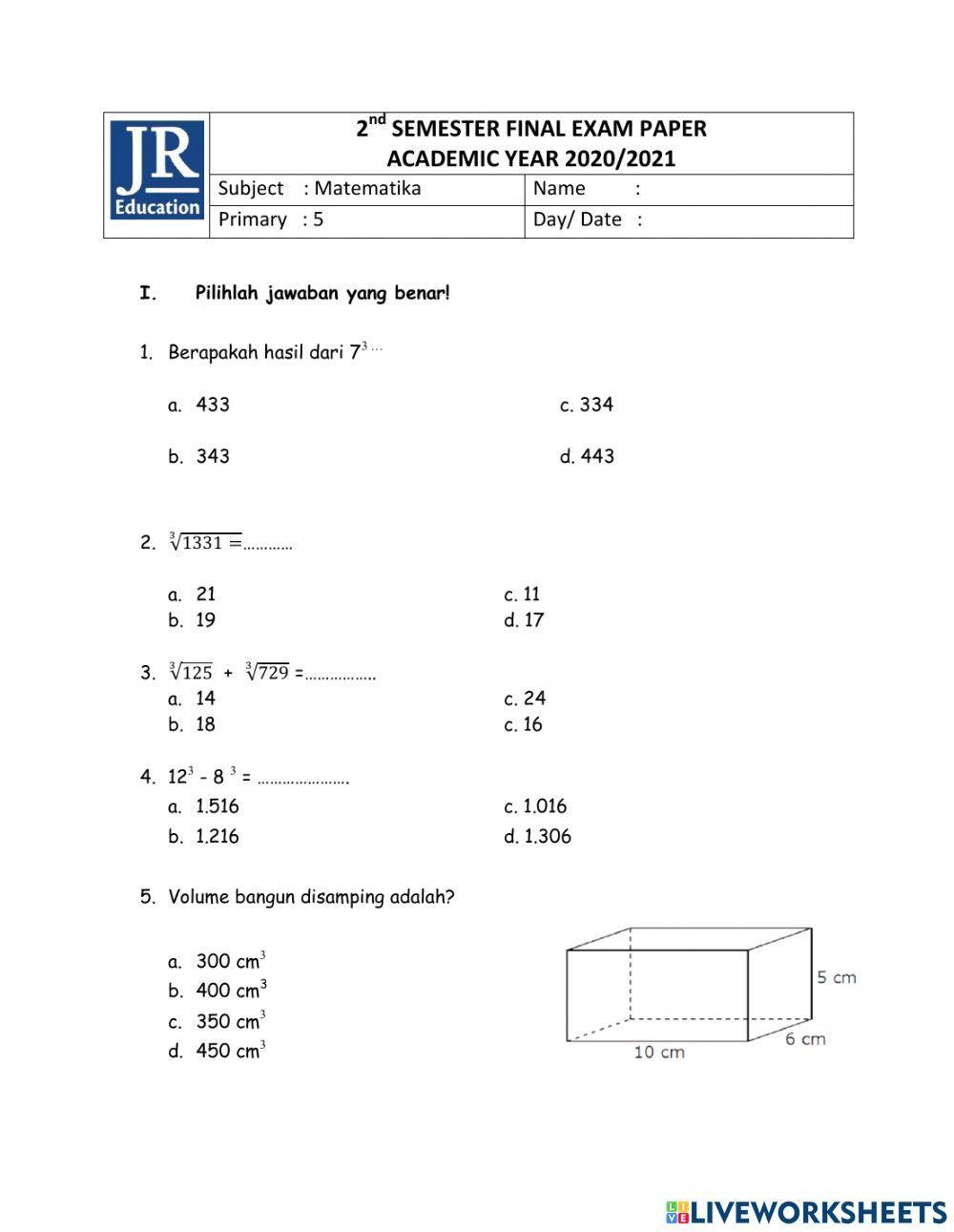 Matematika P5 worksheet | Live Worksheets