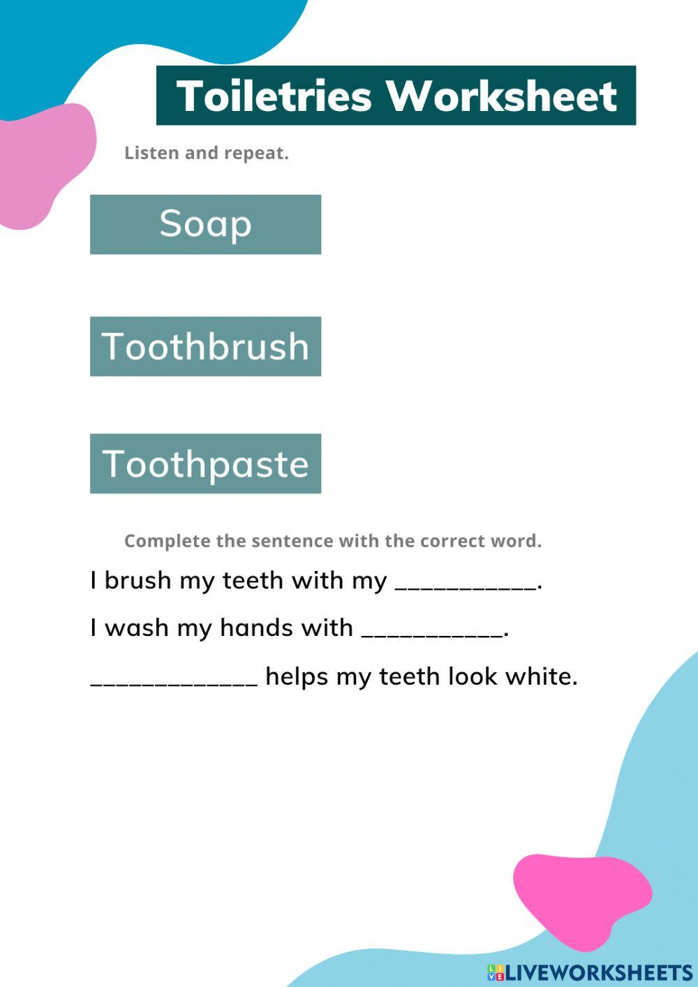 Toiletries Worksheet worksheet | Live Worksheets