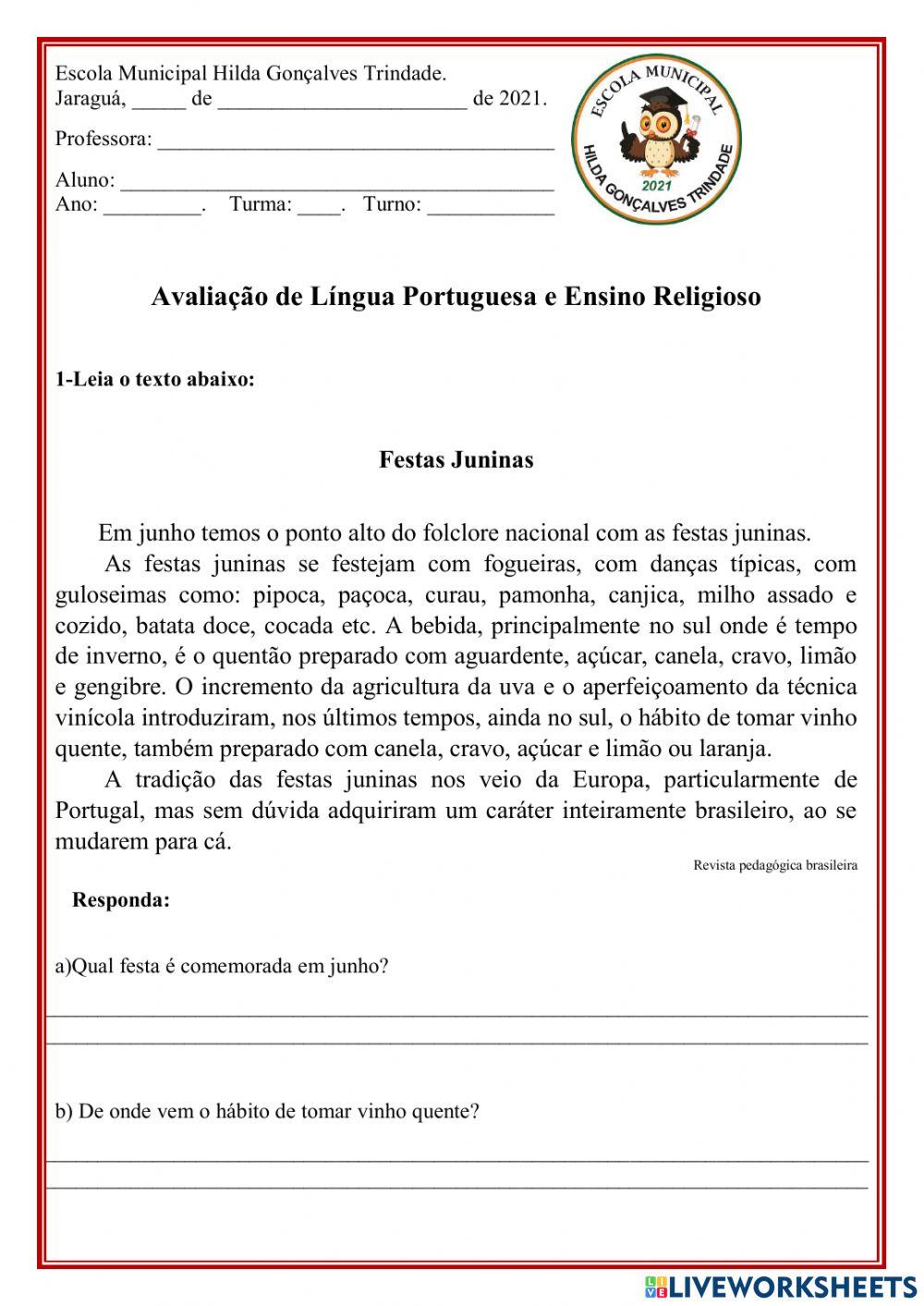 Portugues online exercise for FUNDAMENTAL I | Live Worksheets