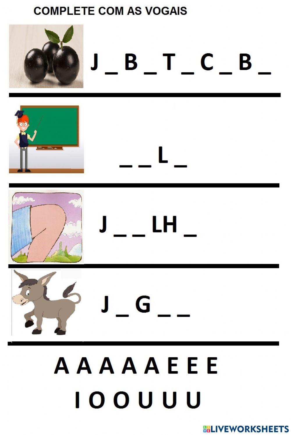 Pdf online worksheet: Complete com as vogais | Live Worksheets