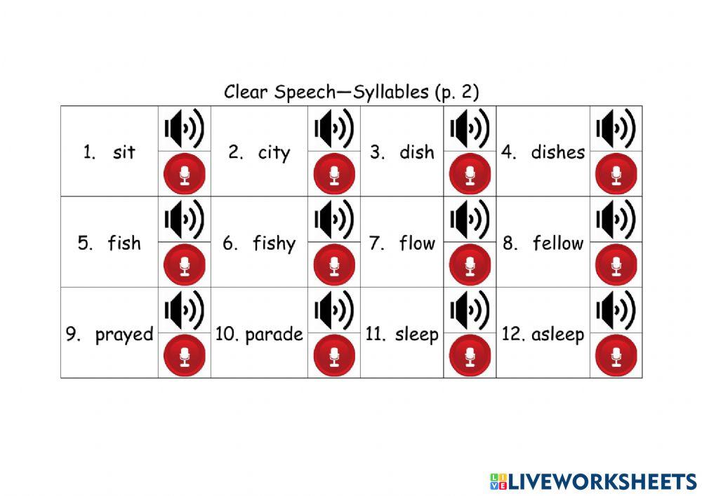 Clear speech--syllables worksheet | Live Worksheets