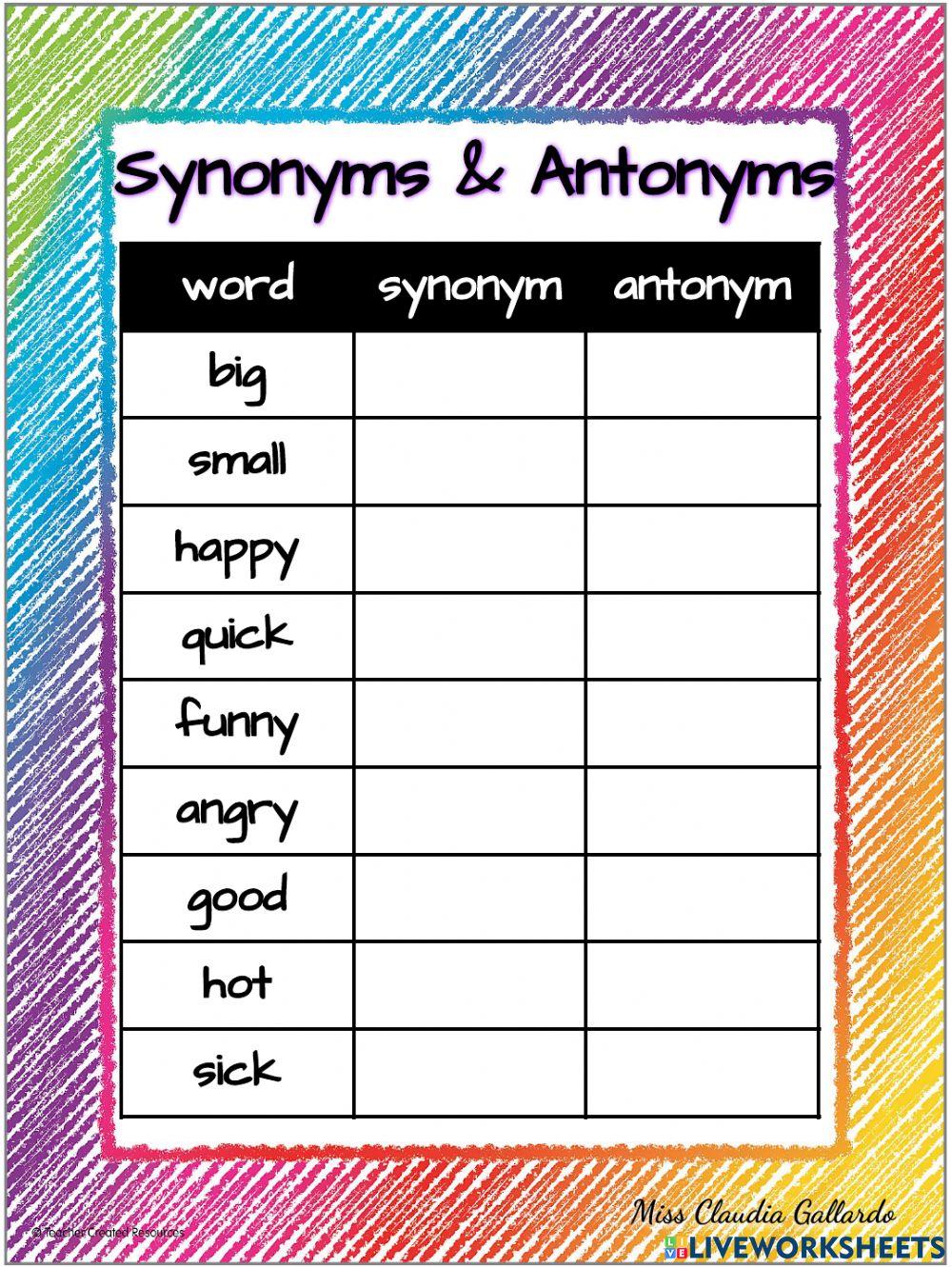 Synonyms Antonyms LiveWorksheets 1069950 Synonyms Antonyms LiveWorksheets 1069950