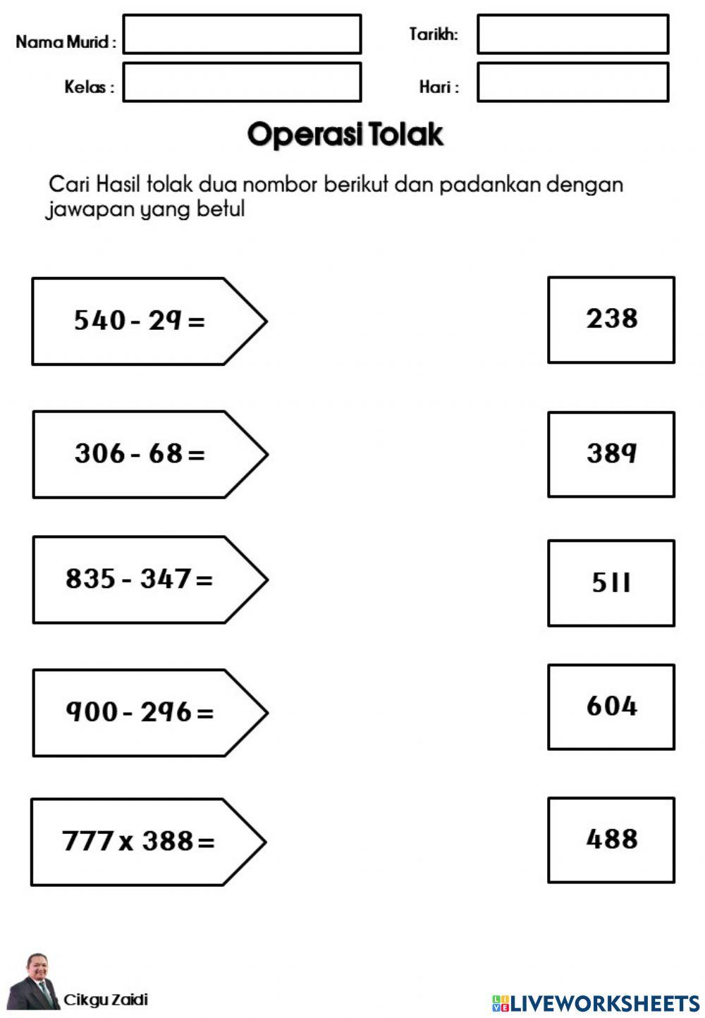 Operasi Tolak | MAT ZAIDI DAHLAN | Live Worksheets
