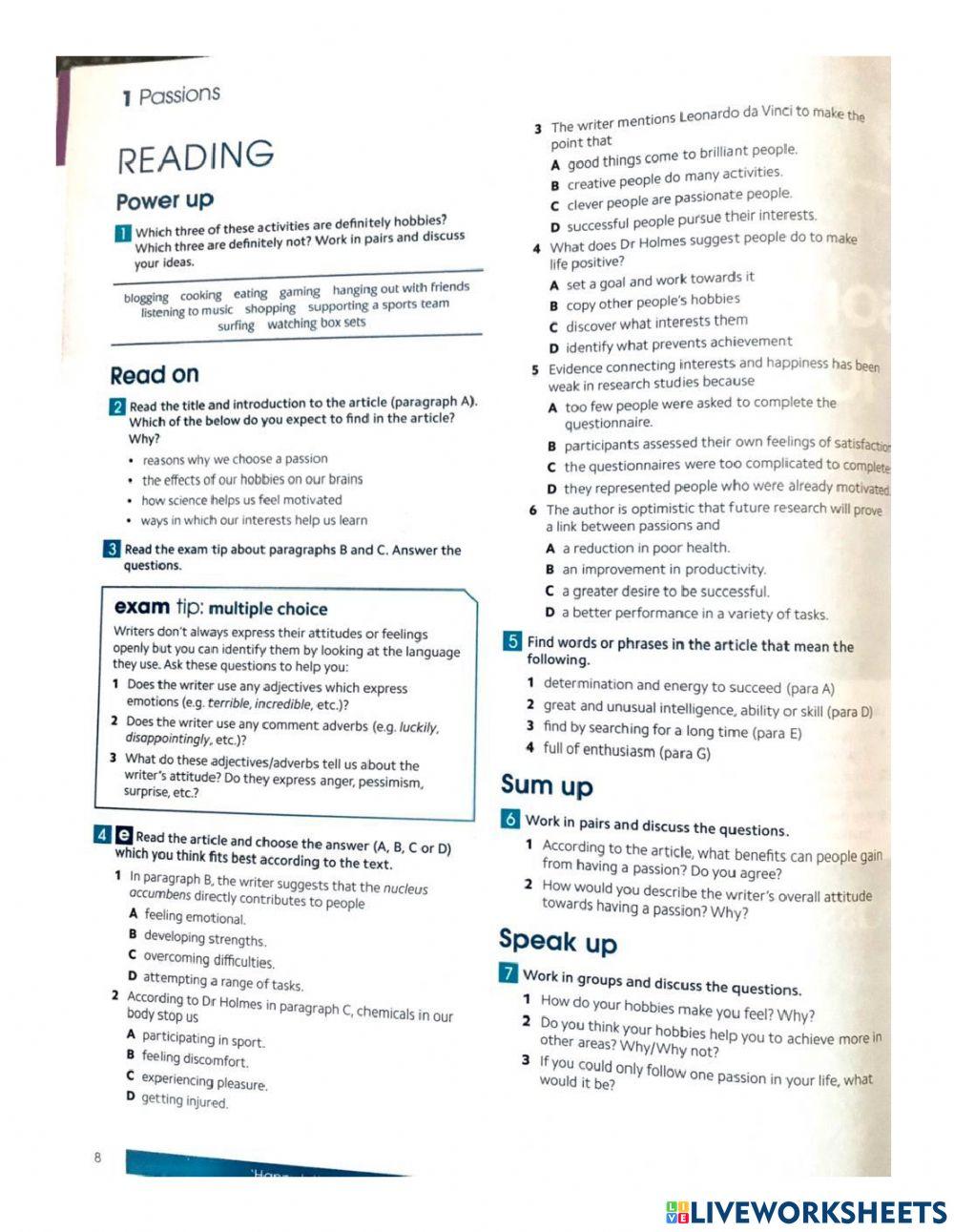 Reading comprehension online exercise for b2+ | Live Worksheets