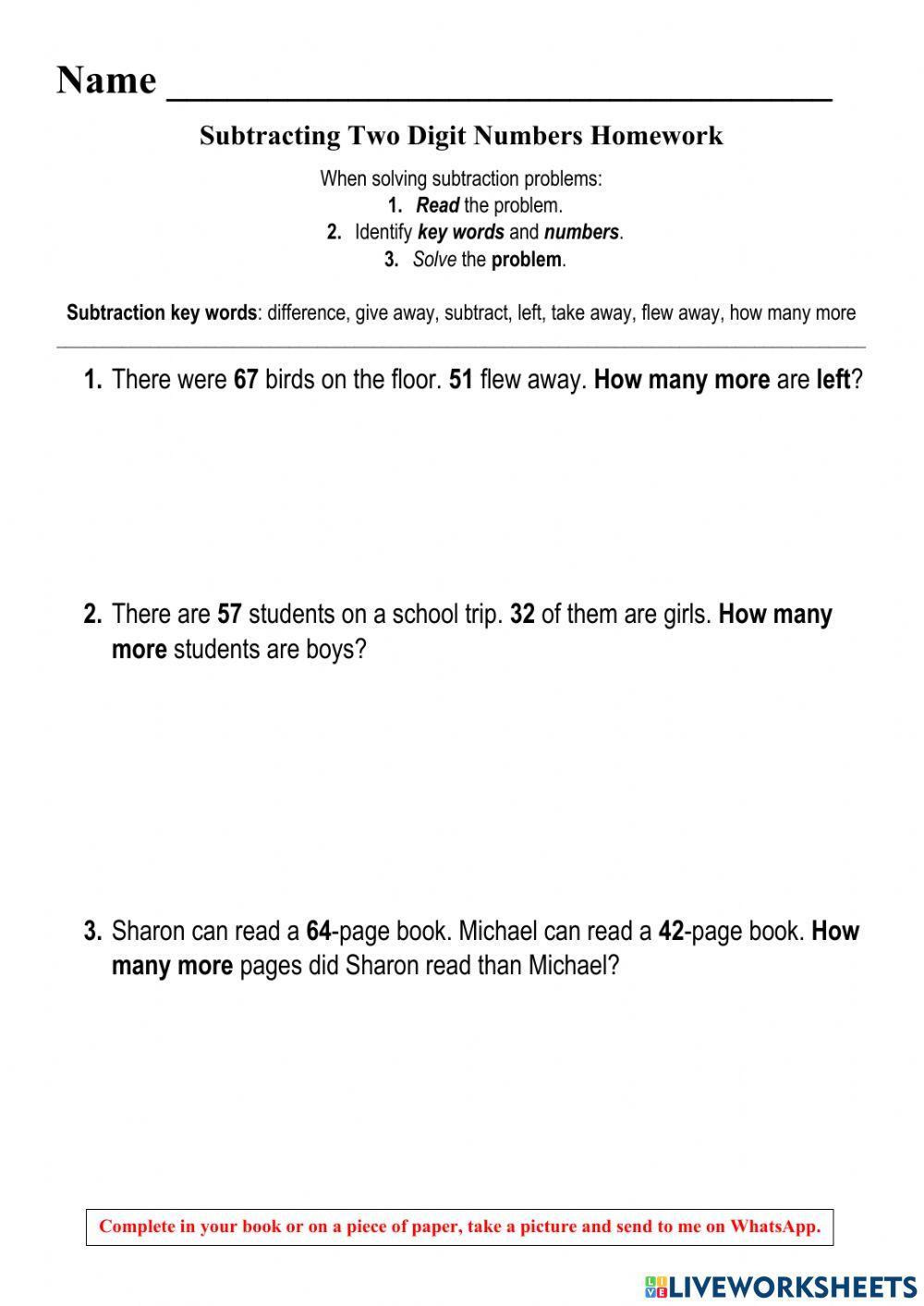 1070724 | Subtracting Two-digit Numbers Word Problems