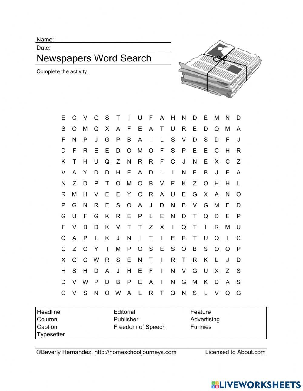 Newspaper Wordsearch worksheet | Live Worksheets
