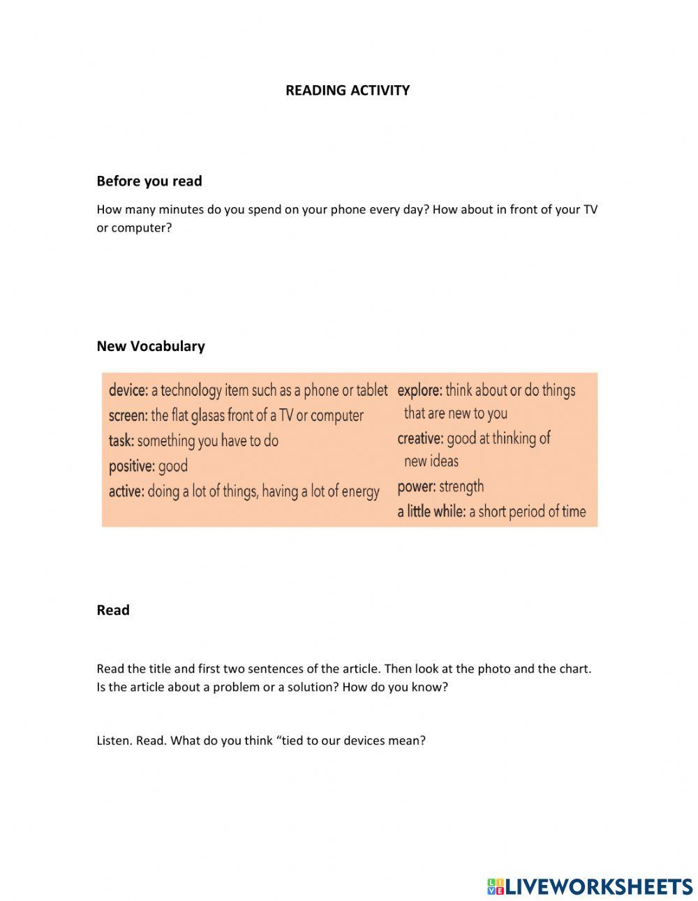 Reading - Tied to Our Devices online exercise for | Live Worksheets