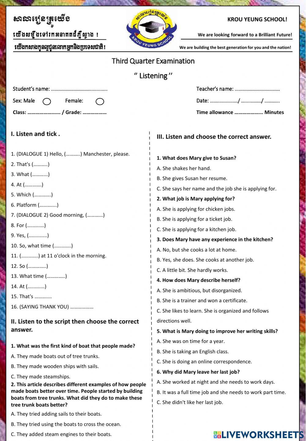 Third Quarter Examination'' Listening '' worksheet | Live Worksheets