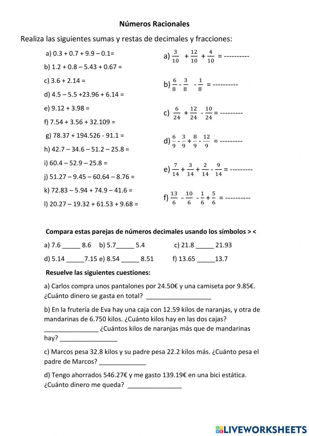 Suma y Resta de Números Racionales online exercise for | Live Worksheets