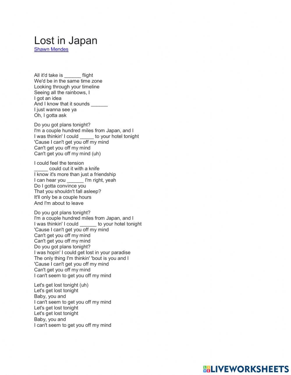 Song lost in japan worksheet | Live Worksheets