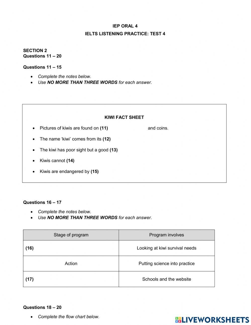 Listening Practice Test 4 Online Exercise For Live Worksheets