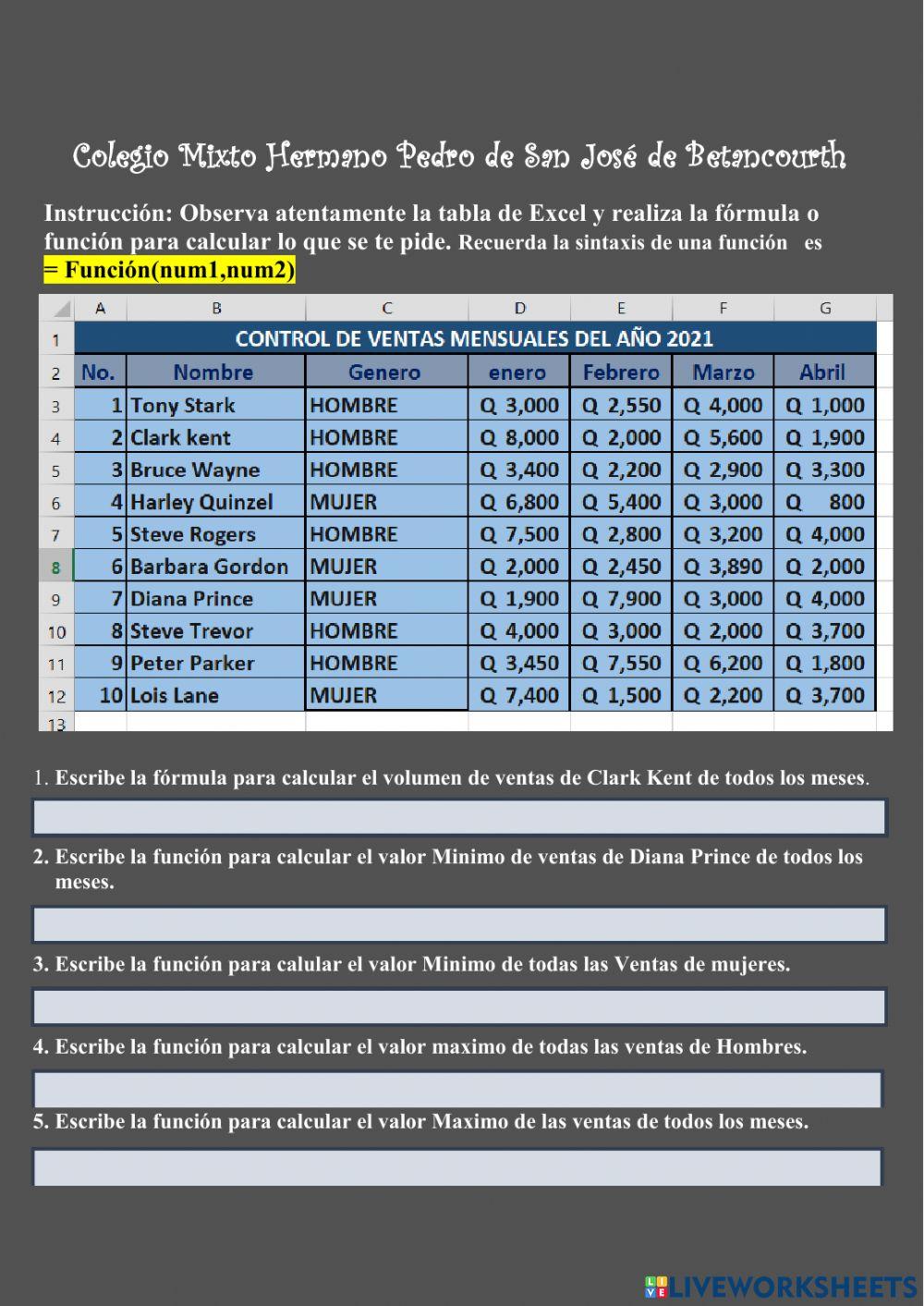 Funciones MIN y MAX worksheet | Live Worksheets