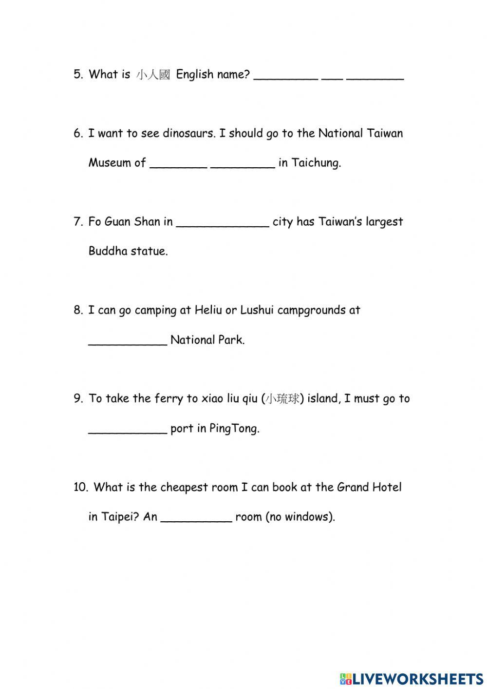Destination Taiwan Web Quest online exercise for | Live Worksheets
