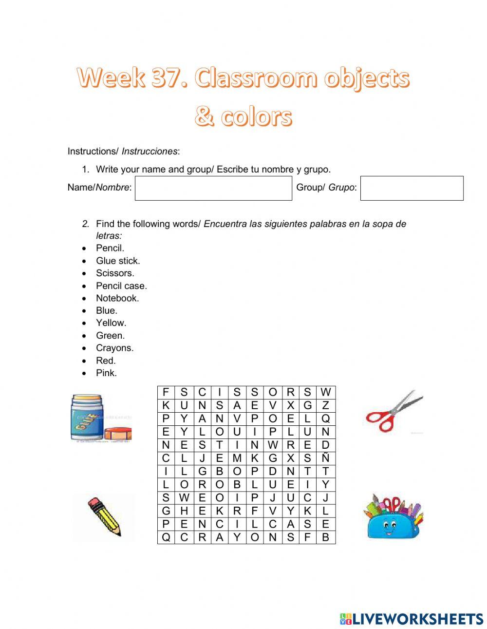 Classroom objects 1° worksheet | Live Worksheets