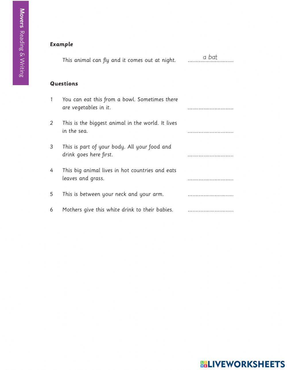 Movers reading - parts 1 and 2 online exercise for | Live Worksheets