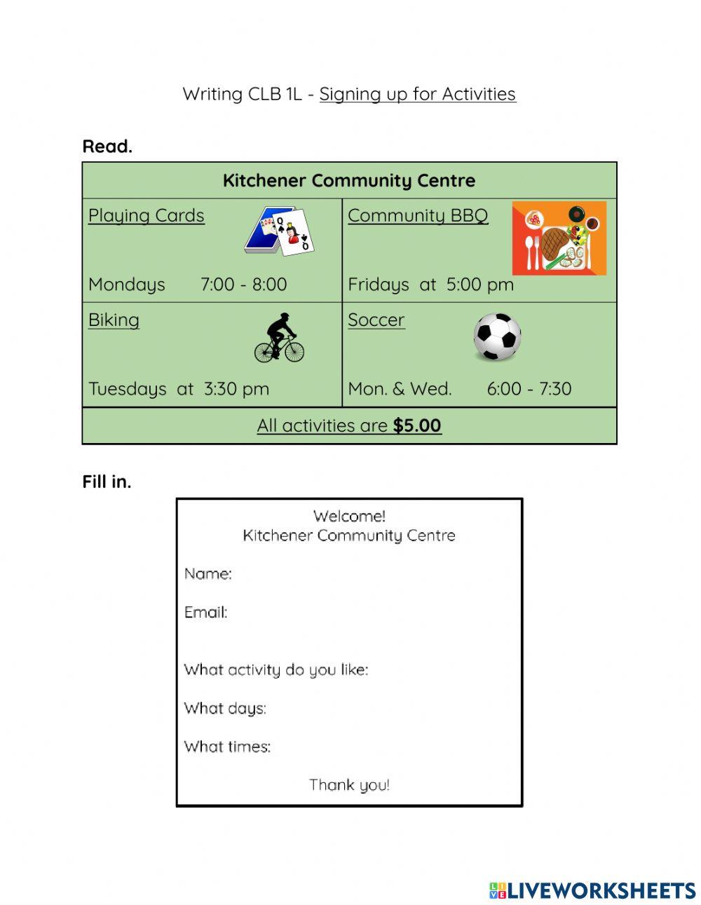 CLB 1L TASK Signing up for an Activity worksheet | Live Worksheets