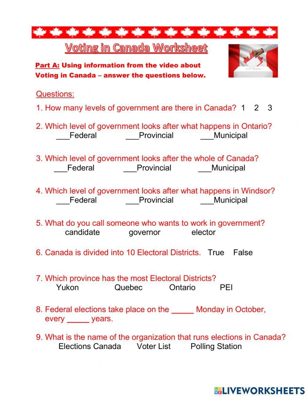 Voting in Canada | Free Interactive Worksheets | 1073601