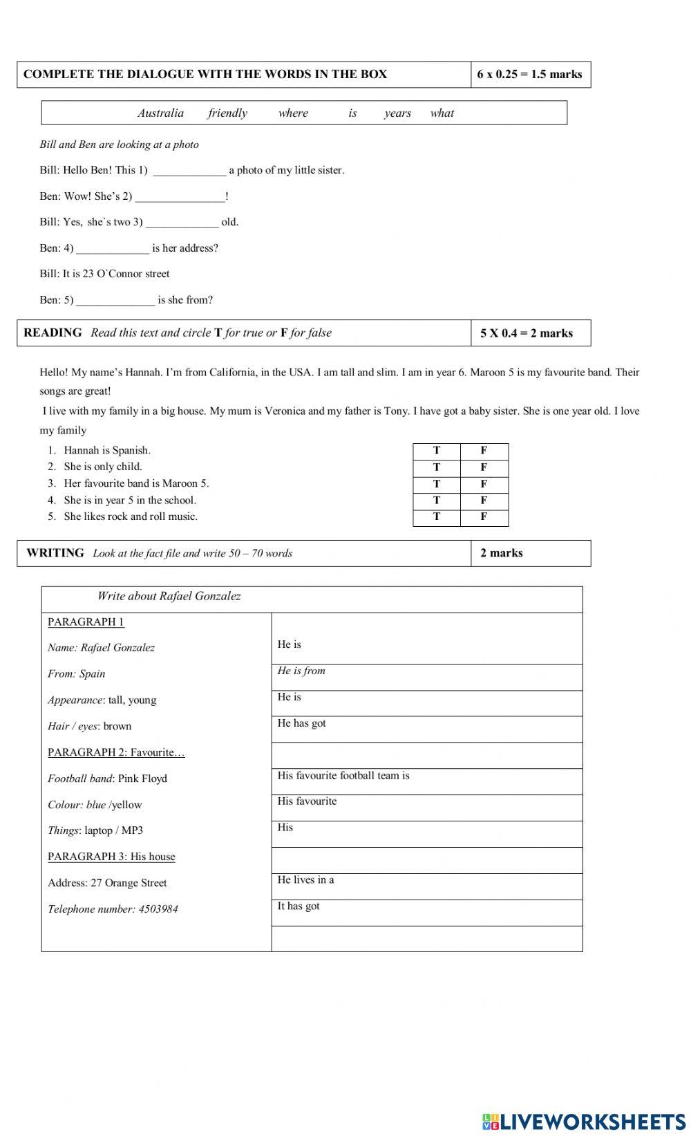 Kids 4 Test 1 | Free Interactive Worksheets | 1075938