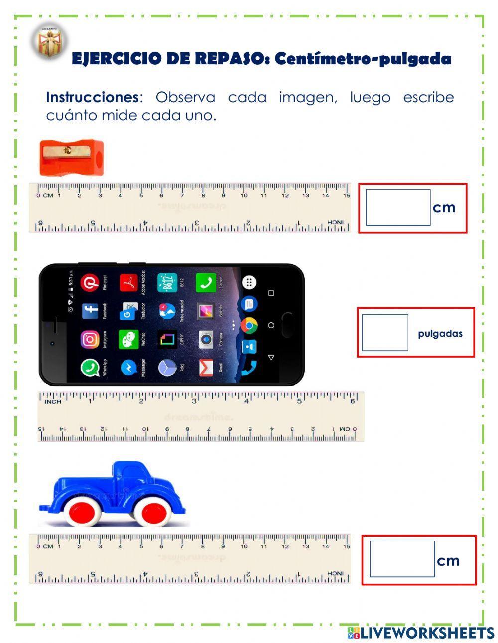 Ejercicio de repaso: Centímetro-pulgadas worksheet | Live Worksheets