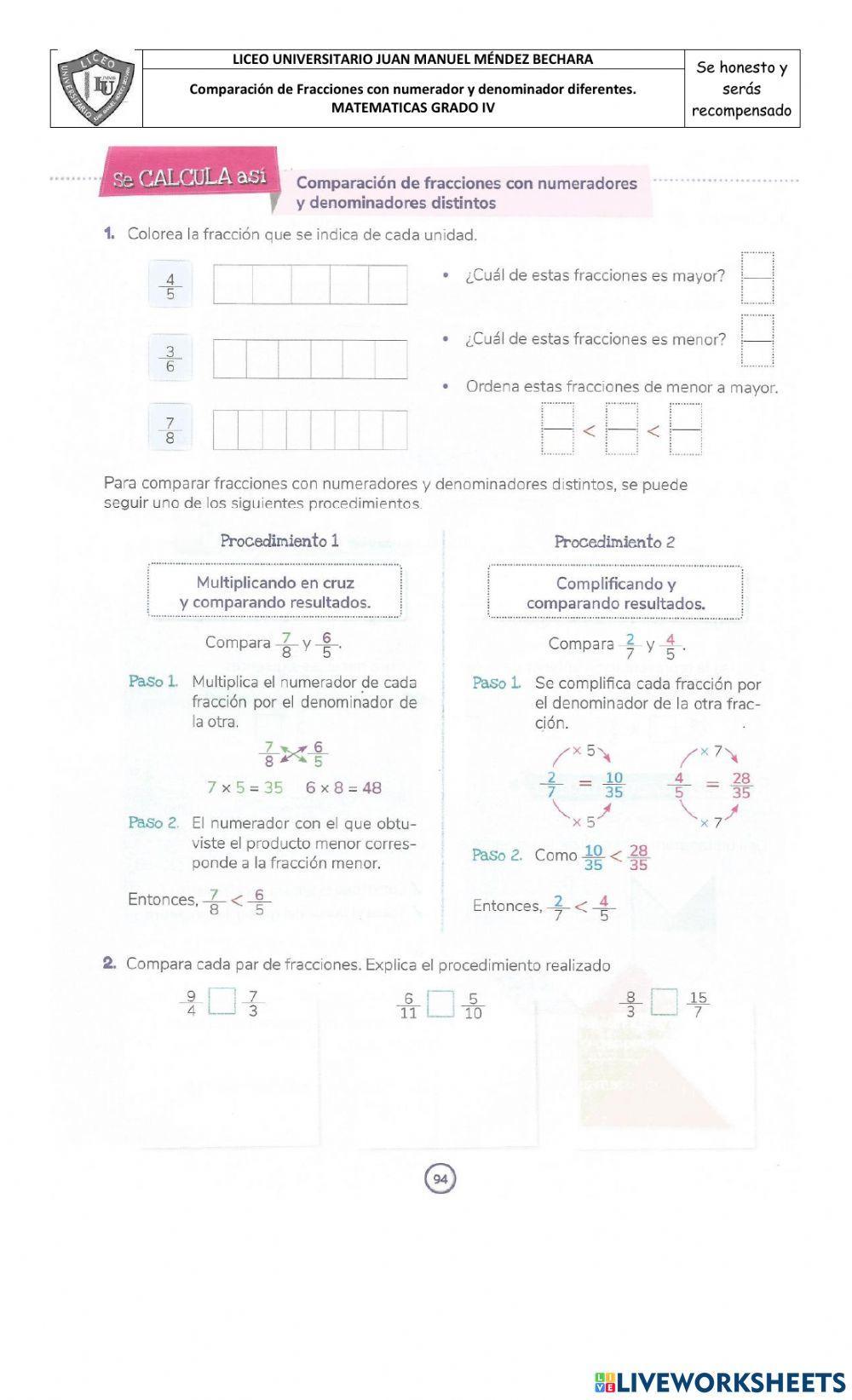 Comoaracion de fracciones con numerador y denominador diferente ...