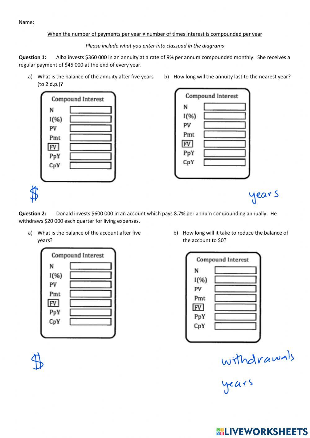 Number of payments doesn't equal compound periods worksheet | Live ...