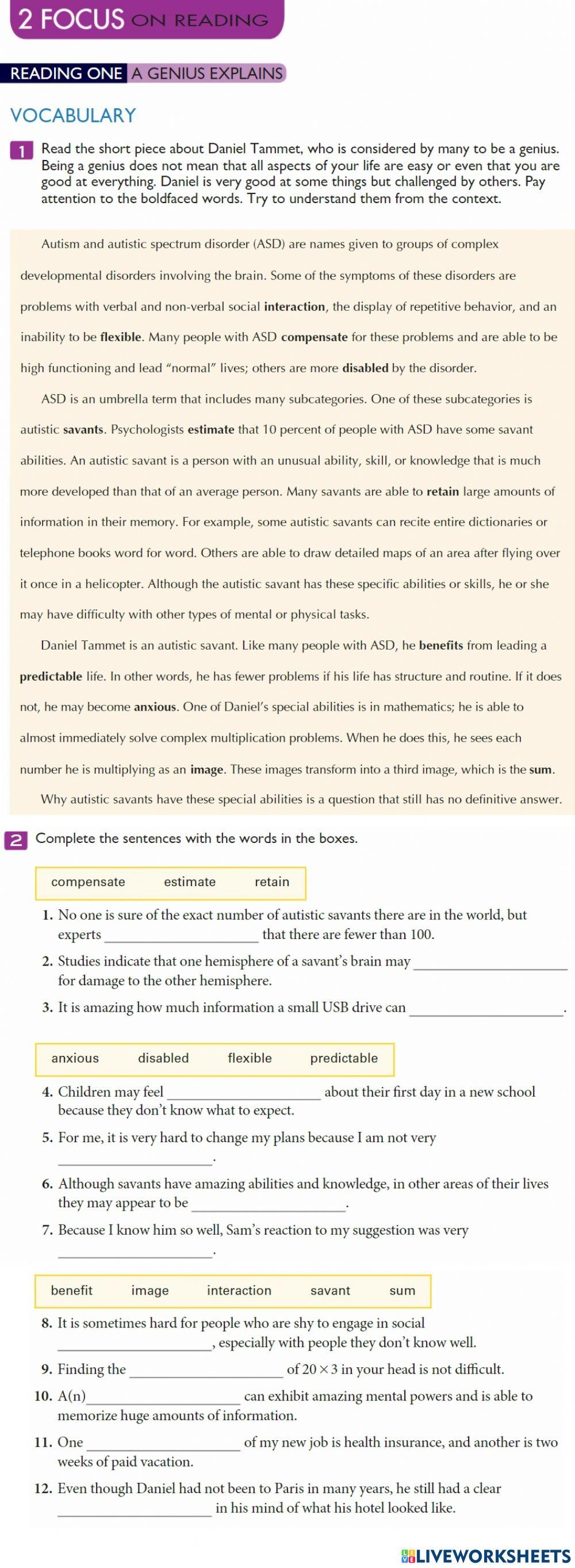 ARW01 vocabulary reading 1 worksheet | Live Worksheets