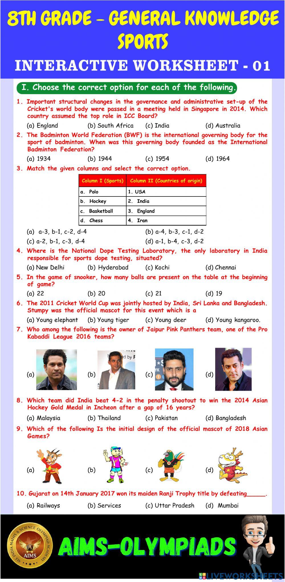8th-general knowledge-ps01-sports worksheet | Live Worksheets