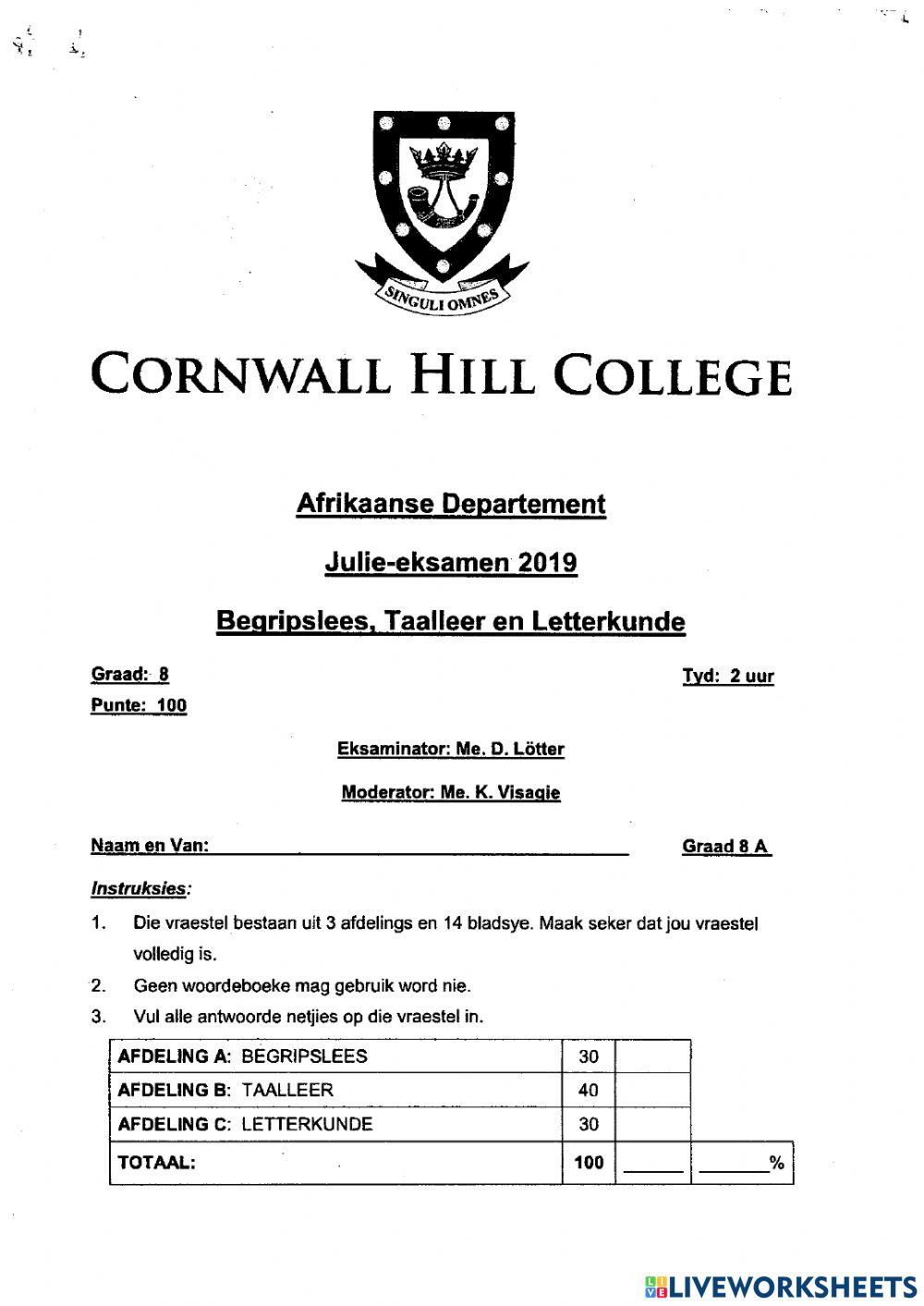 Grade 8 2019 Afrikaans paper part1 online exercise for | Live Worksheets
