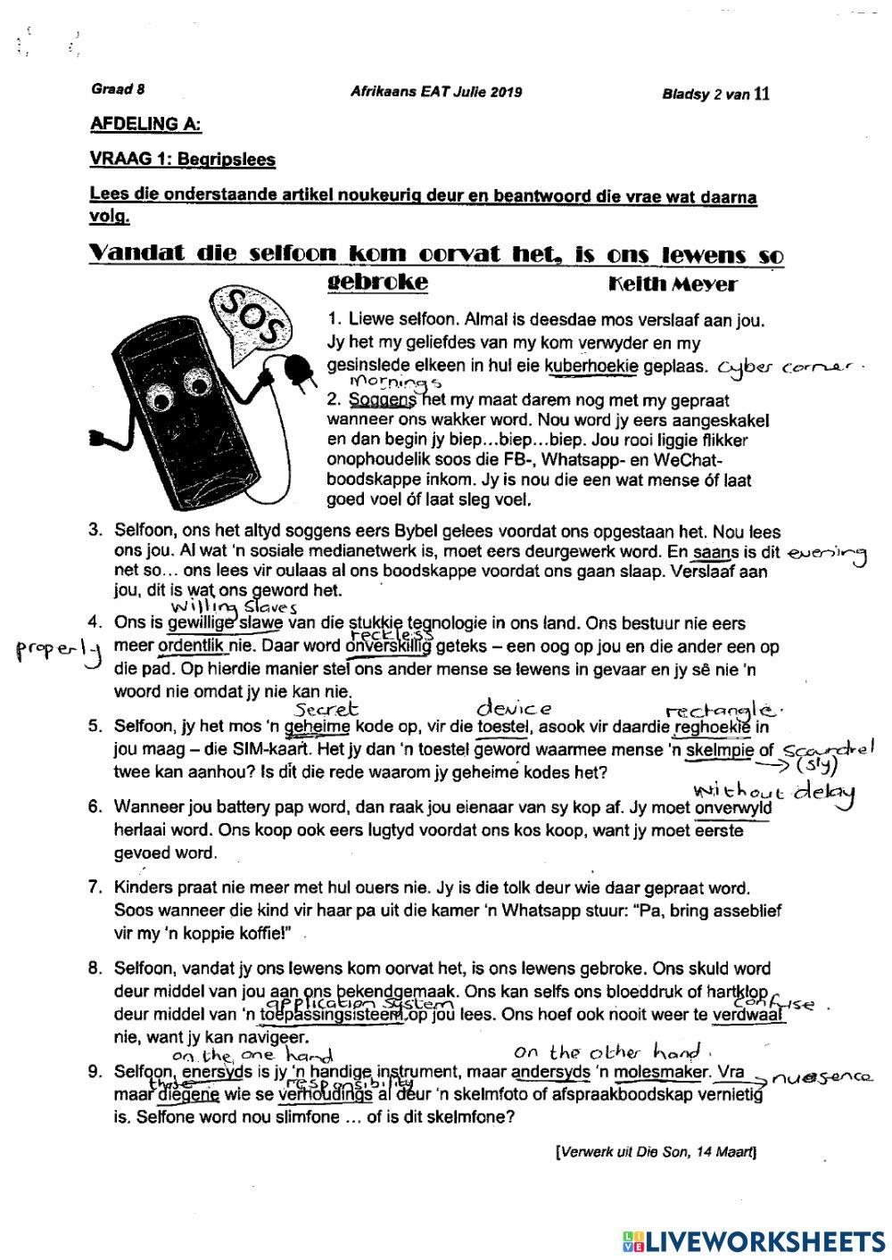 Grade 8 2019 Afrikaans paper part1 online exercise for | Live Worksheets