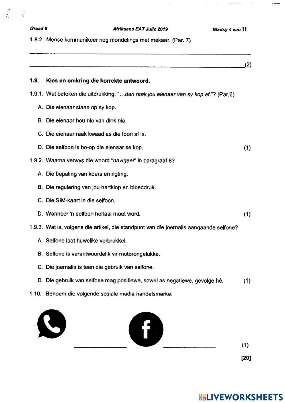 Grade 8 2019 Afrikaans paper part1 online exercise for | Live Worksheets