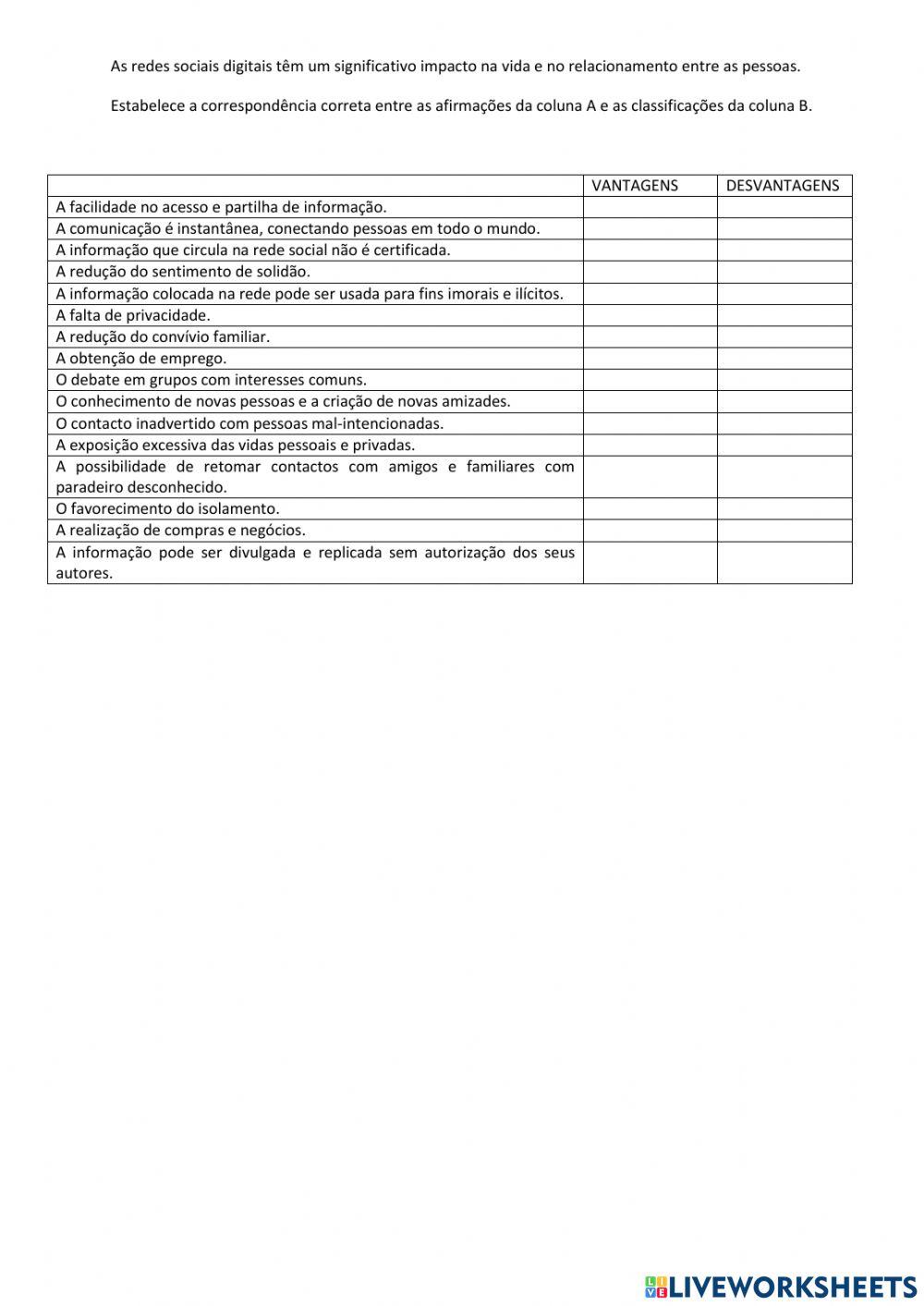 Vantagens e desvantagens RSD worksheet | Live Worksheets