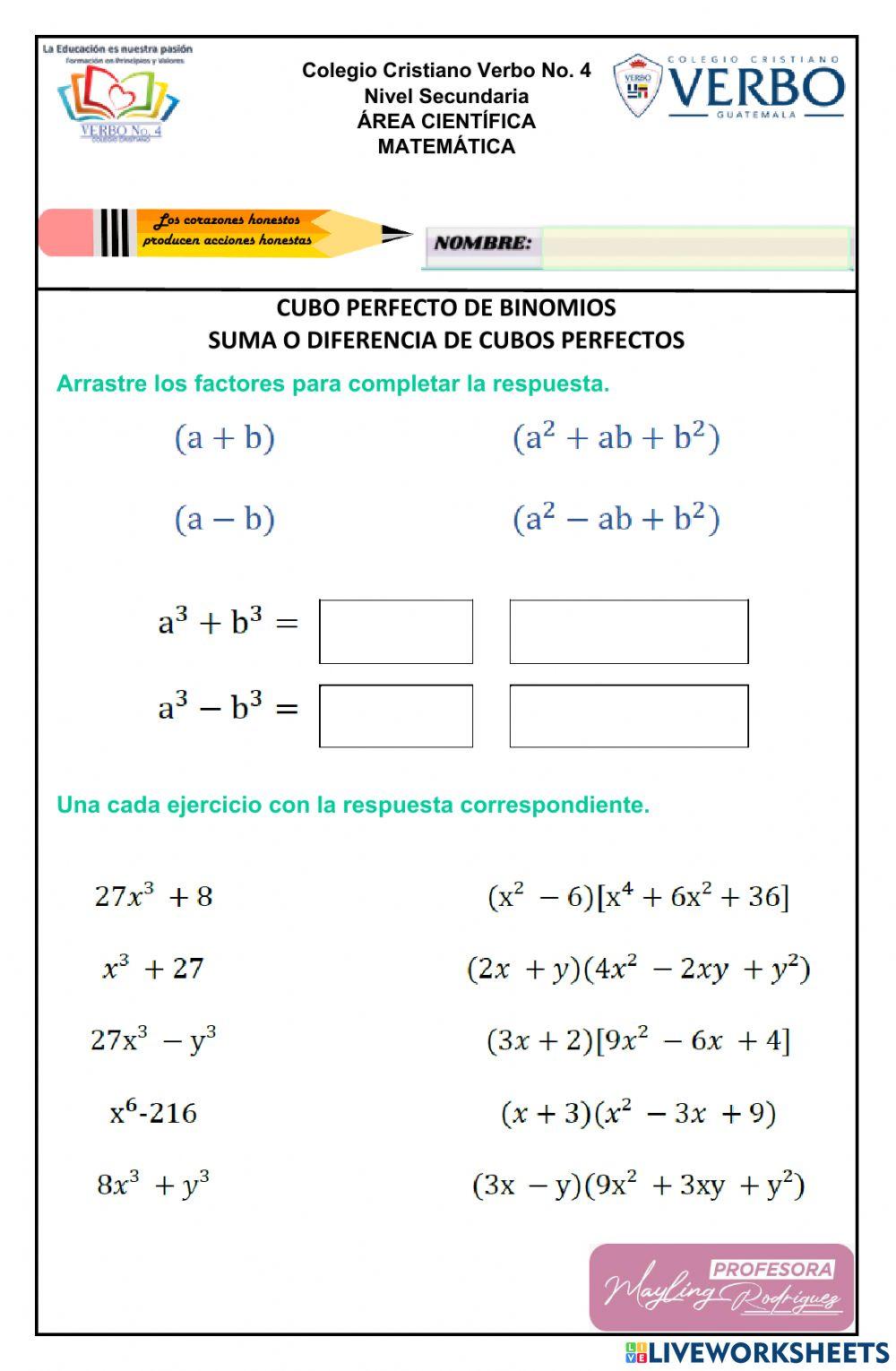 FICHA CUBO PERFECTO DE BINOMIOS online exercise for | Live Worksheets