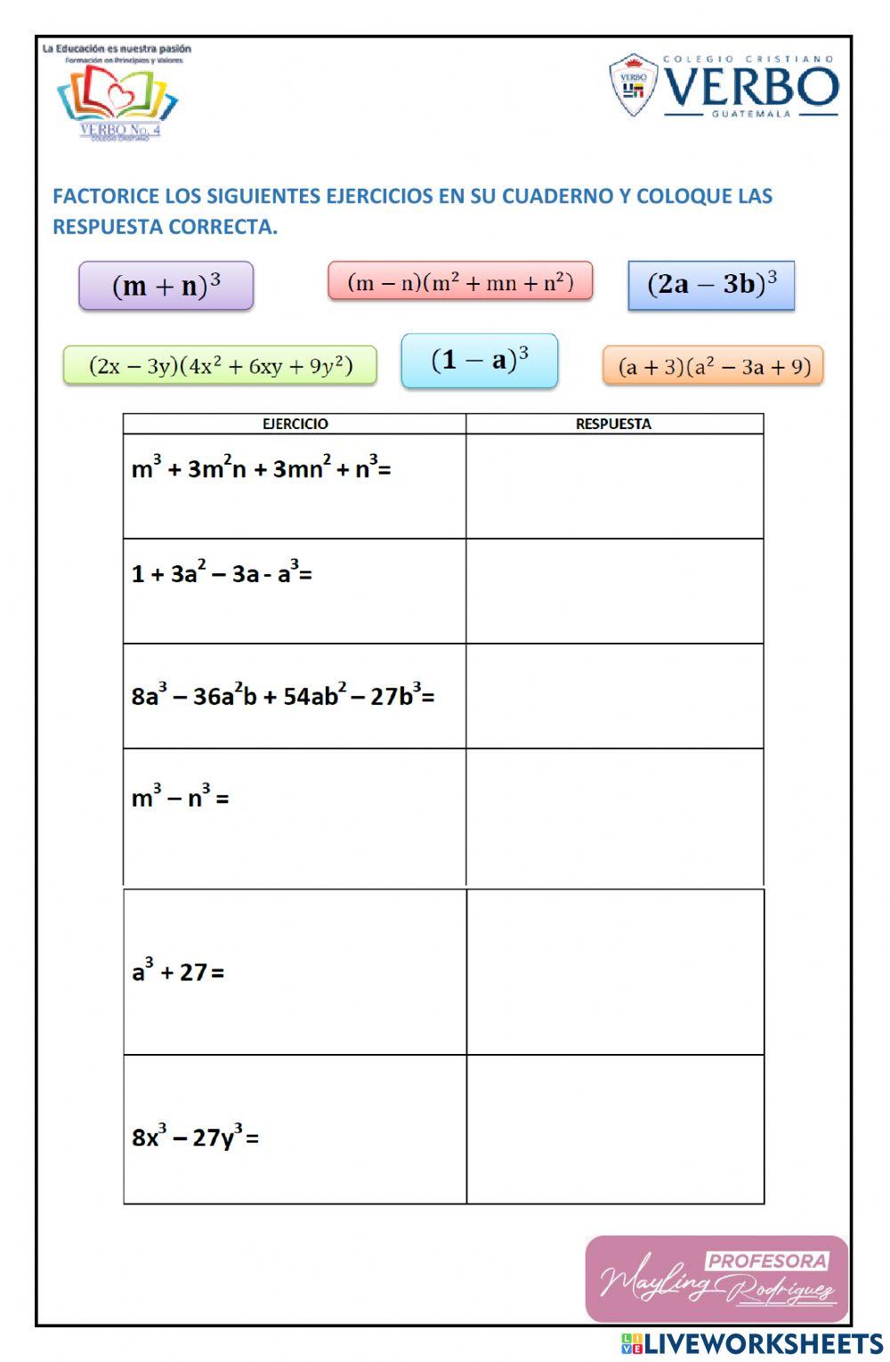 FICHA CUBO PERFECTO DE BINOMIOS online exercise for | Live Worksheets