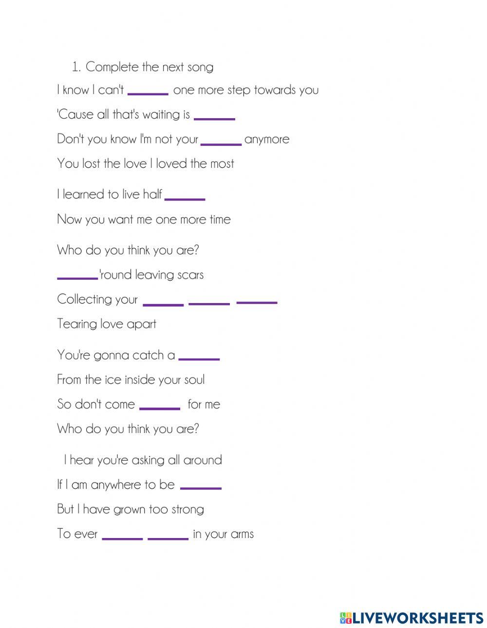 Complete a song exercise | Live Worksheets