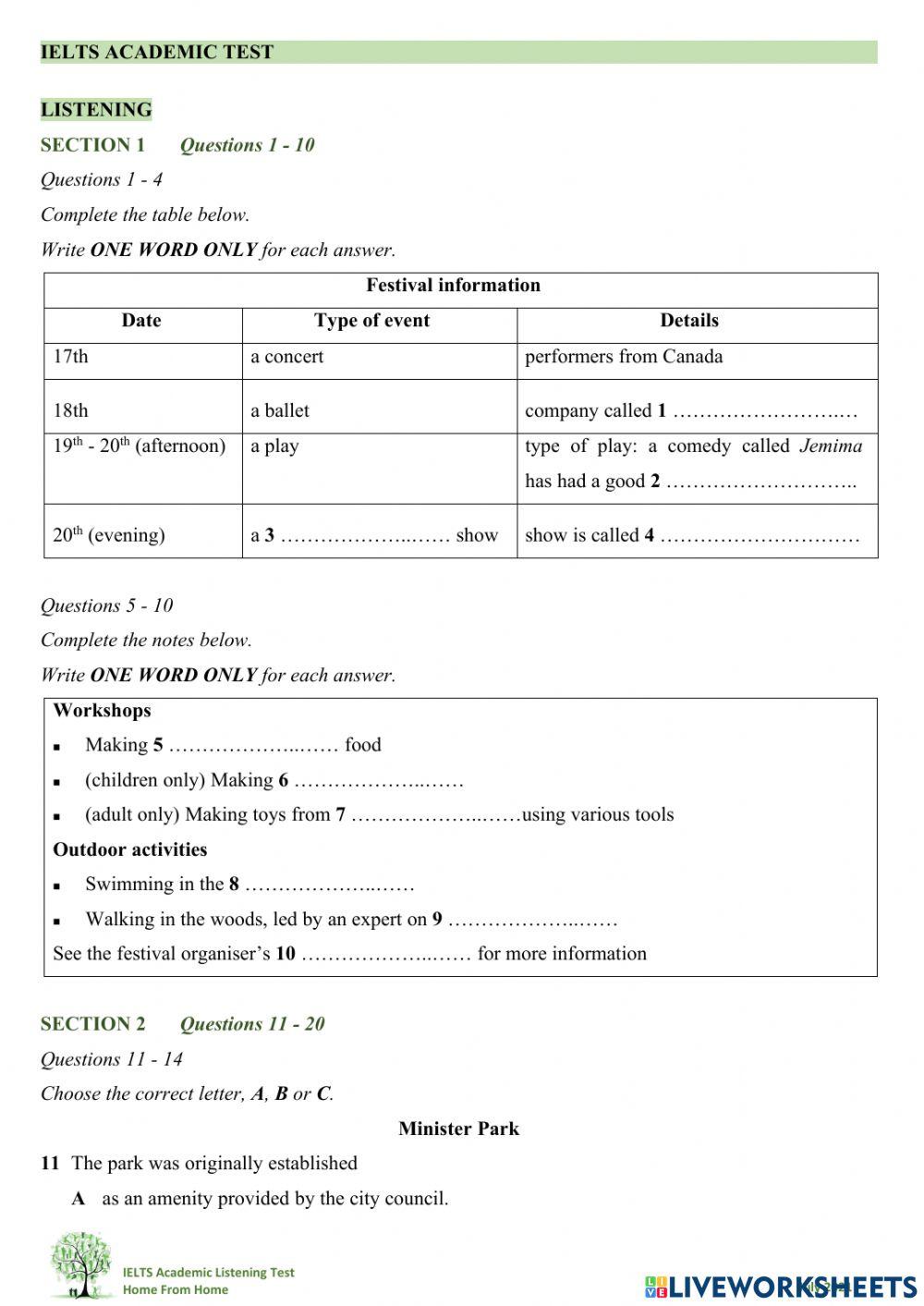 IELTS ACADEMIC TEST - LISTENING online exercise for | Live Worksheets