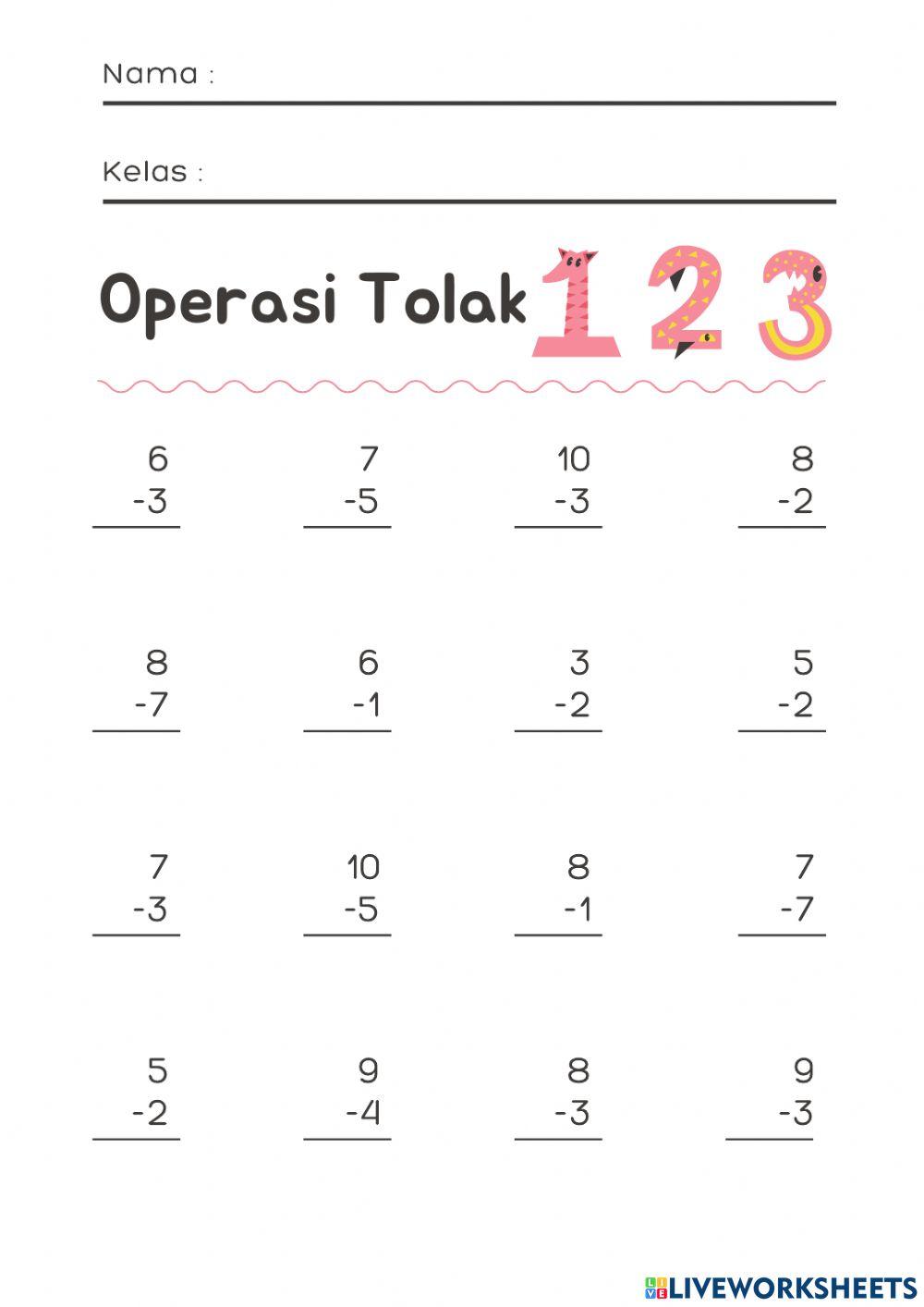 Operasi tolak exercise for prasekolah | Live Worksheets