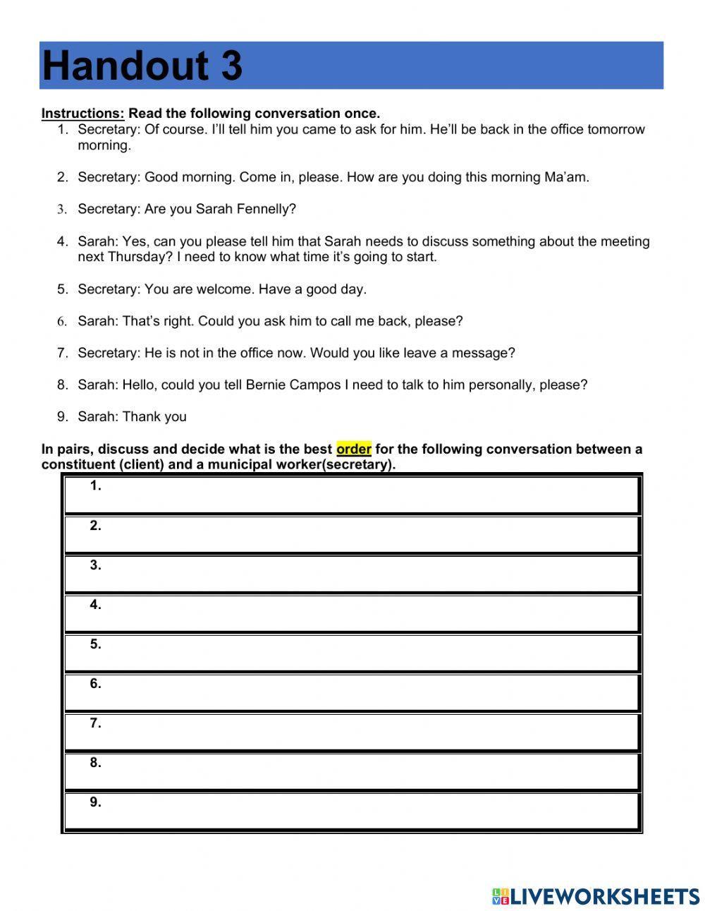Conversation exercise for Beginner | Live Worksheets