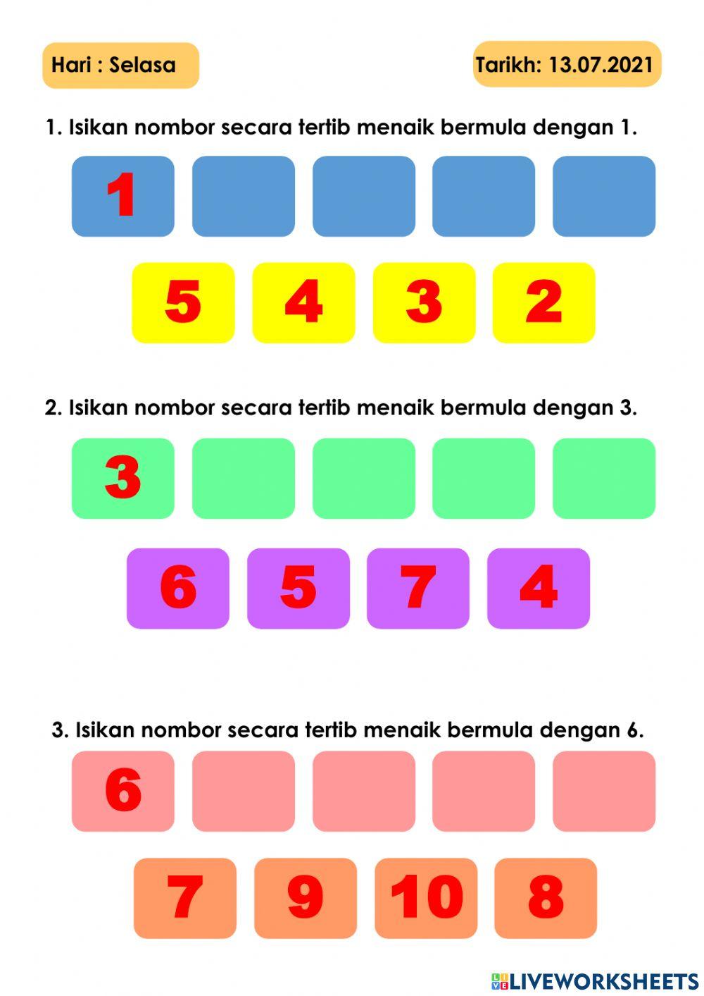 Menyusun Nombor Secara Tertib Menaik worksheet | Live Worksheets