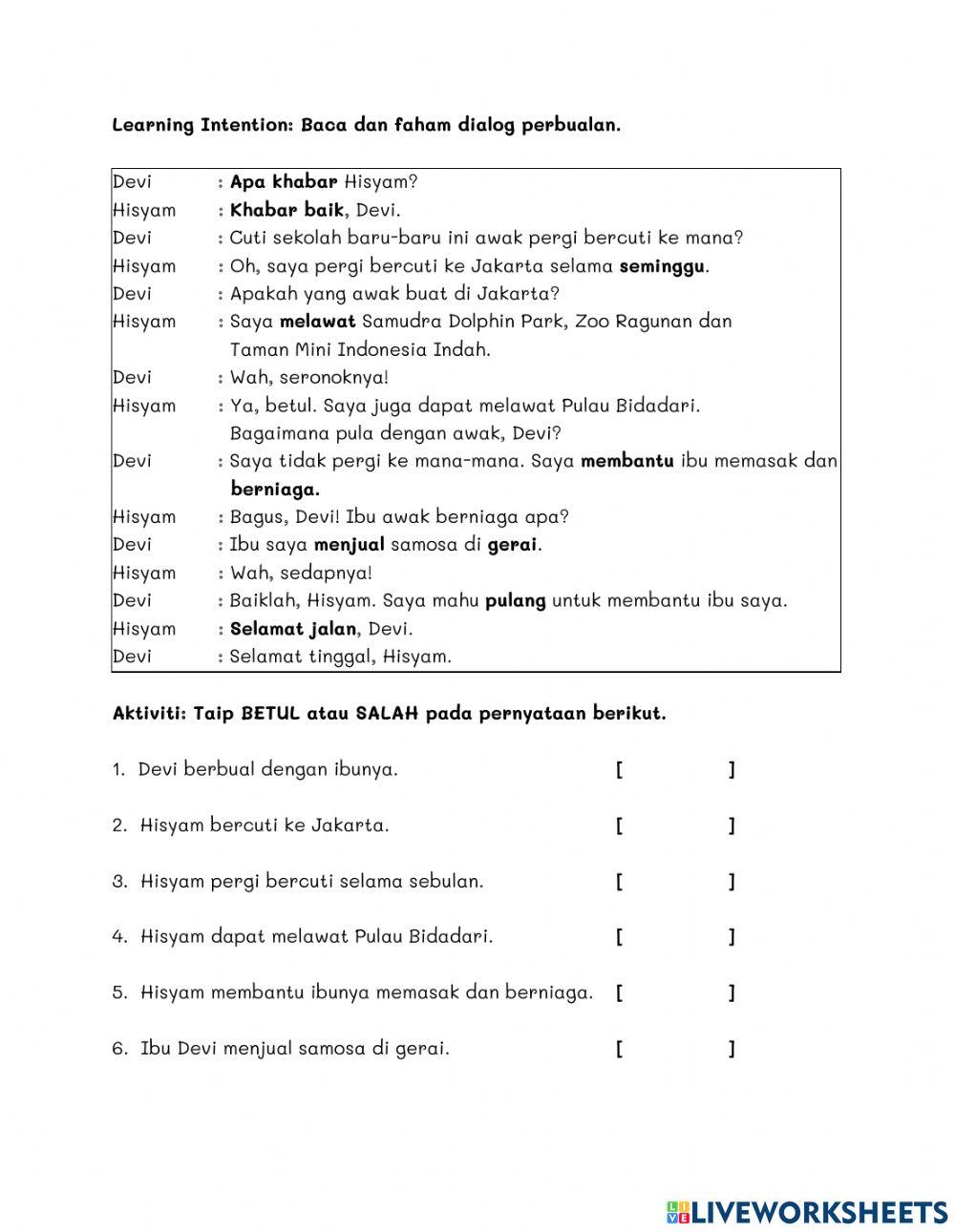 1160948 | Dialog Perbualan | Ms. Mizah | LiveWorksheets