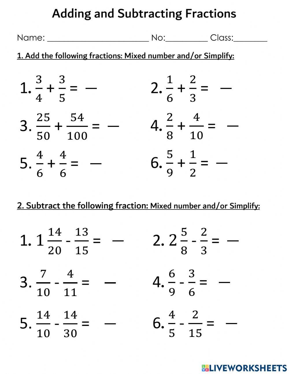 Addition And Subtraction Of Fraction Interactive Exercise Live Worksheets Addition And Subtraction Of Fraction Interactive Exercise Live Worksheets