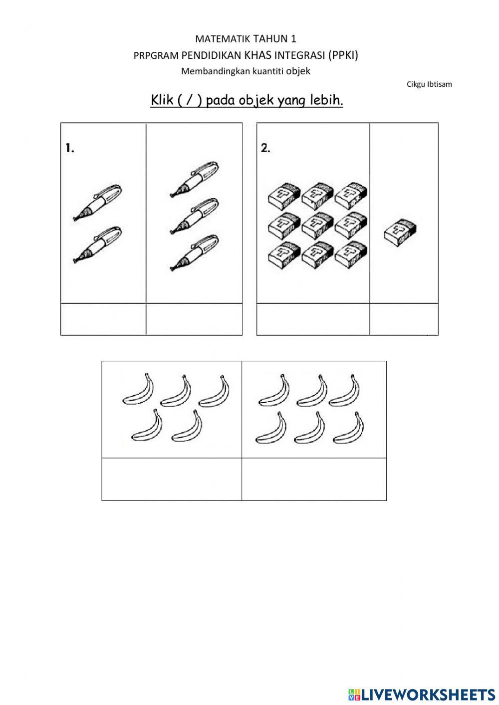 Membanding objek Matematik PPKI Tahun 1 worksheet | Live Worksheets