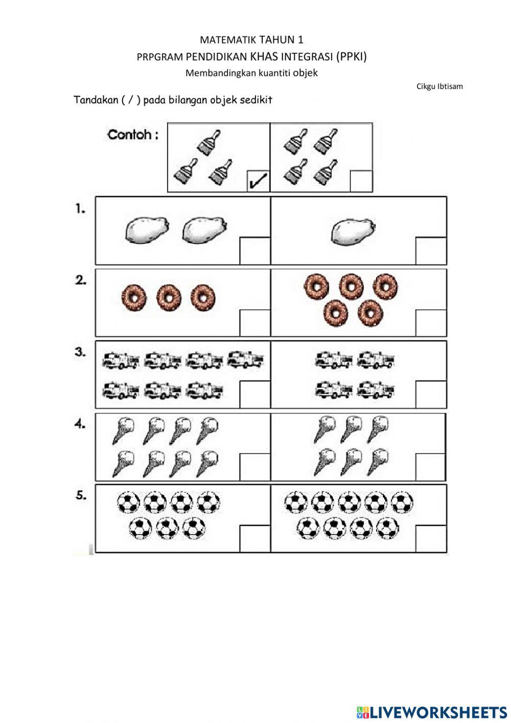 Membanding objek Matematik PPKI Tahun 1 worksheet | Live Worksheets