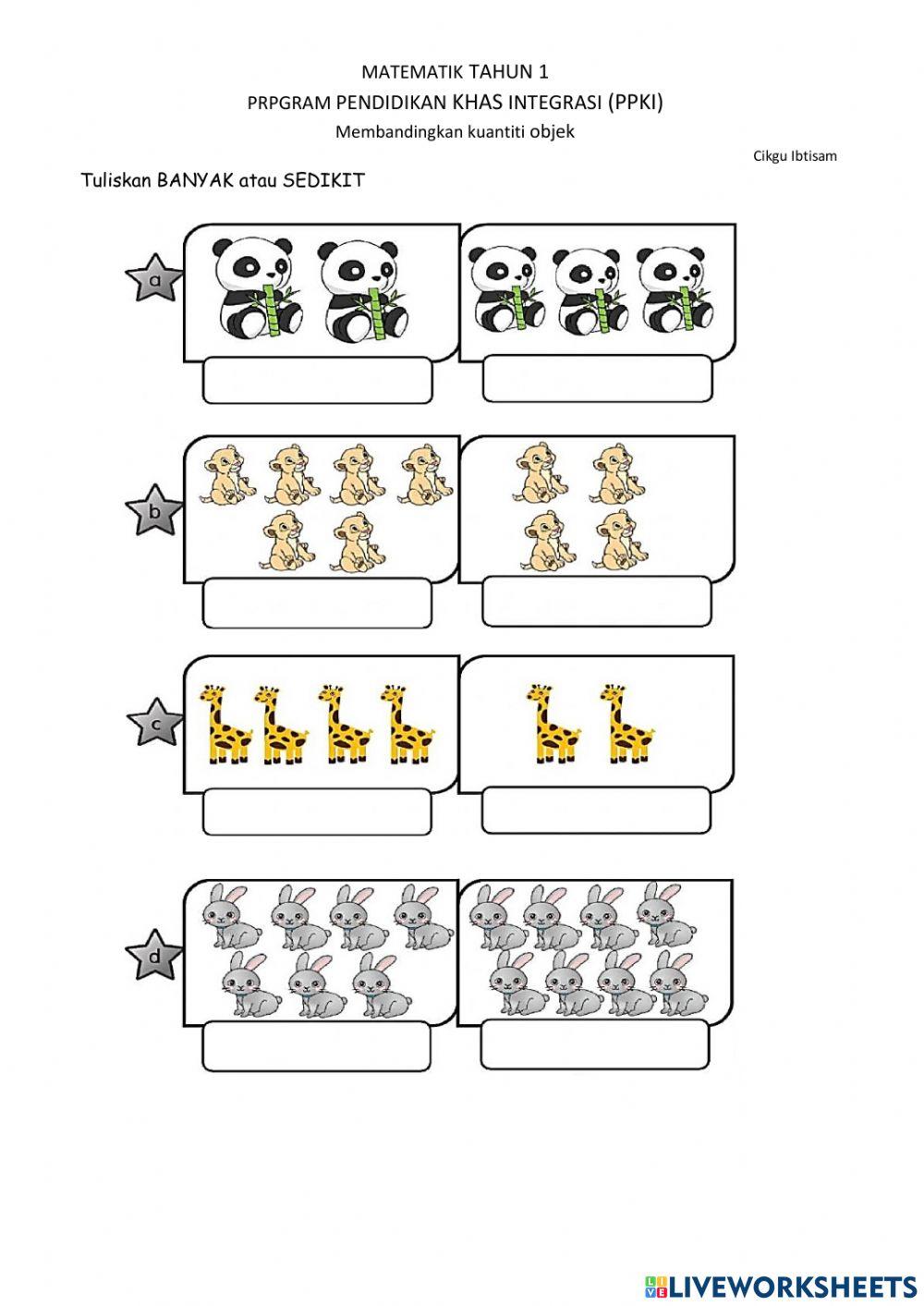 Membanding objek Matematik PPKI Tahun 1 worksheet | Live Worksheets