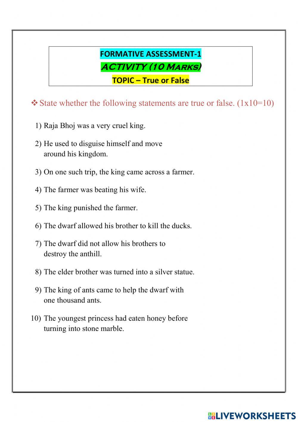 True or false online worksheet for IX | Live Worksheets