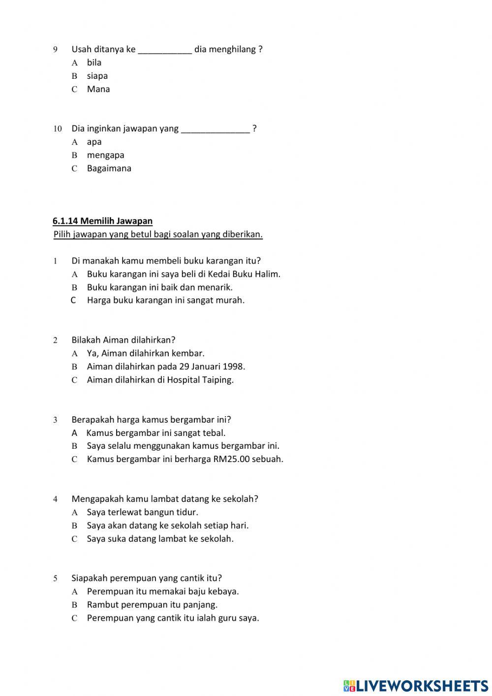 Pilihan jawapan. | Free Interactive Worksheets | 3172240
