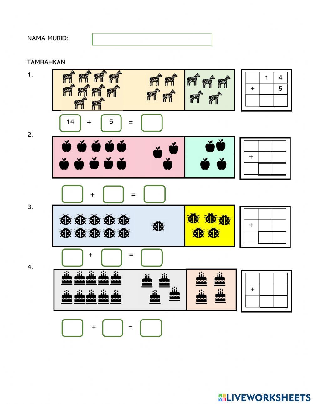 Operasi tambah tahun 1 interactive activity | Live Worksheets