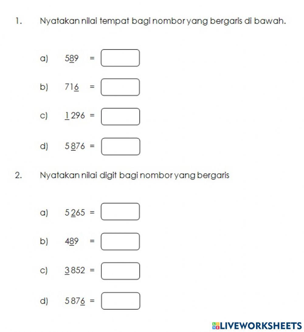 Matematik : Nilai tempat dan nilai digit worksheet | Live Worksheets