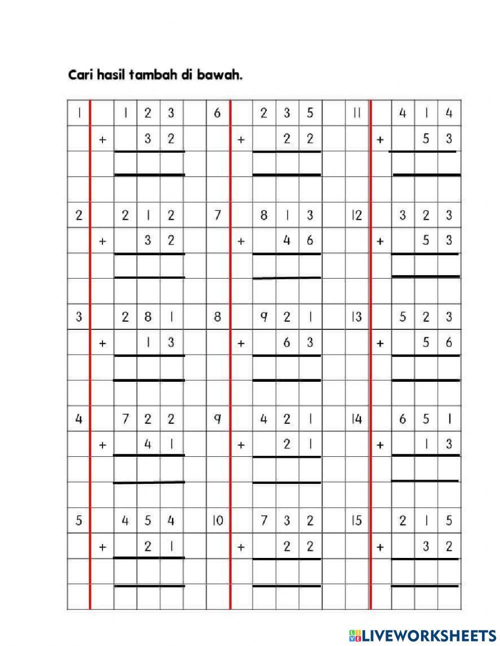 Operasi tambah tahun 2 sk chalok | Live Worksheets