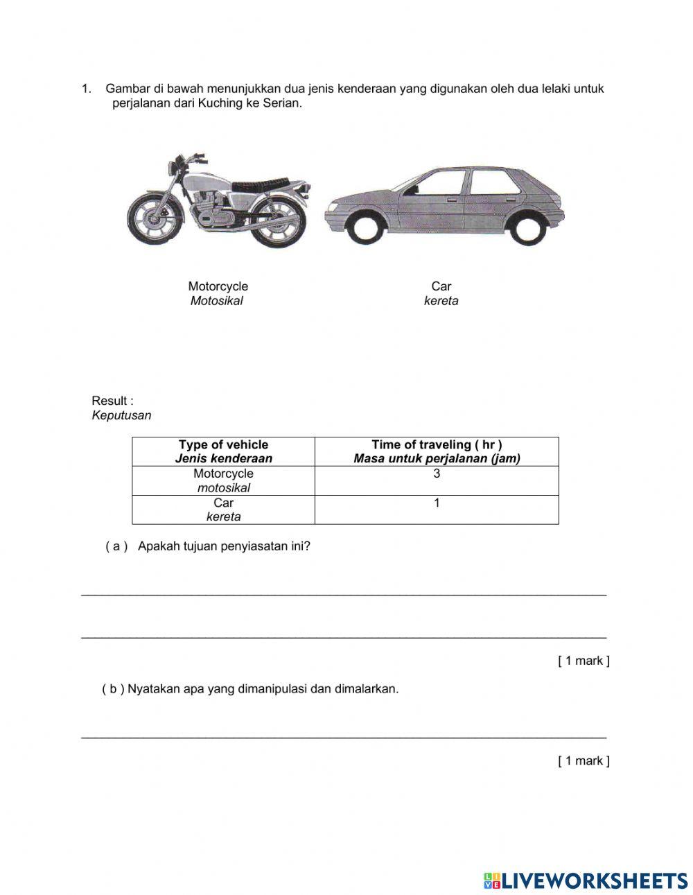 Kenderaan worksheet for tahun4 | Live Worksheets