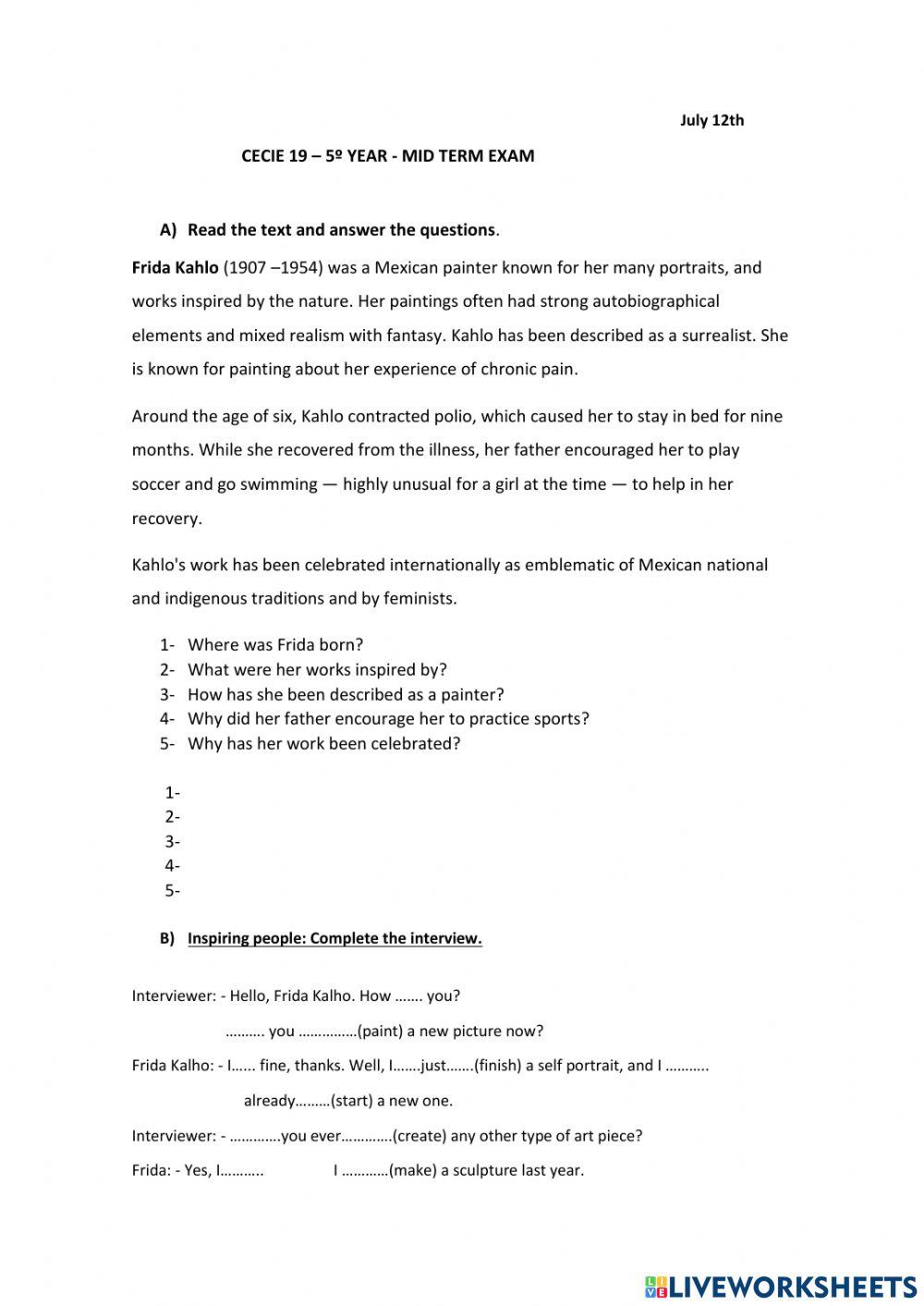 Mid Term Exam interactive activity | Live Worksheets